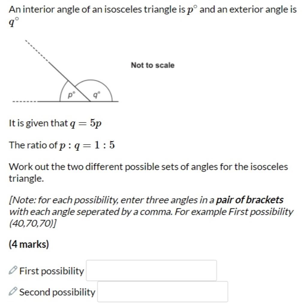 An interior angle of an isosceles triangle is p° and an exterior angle ...
