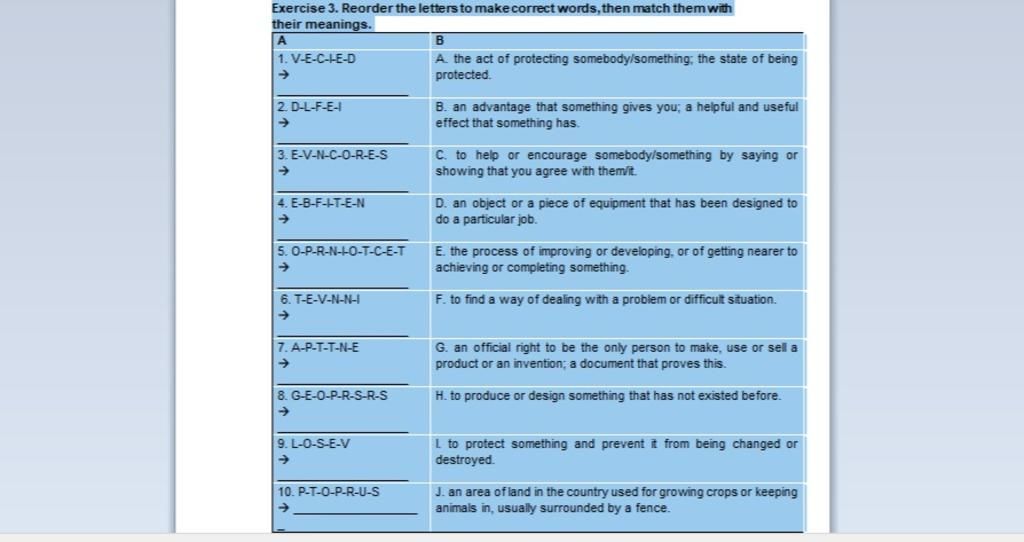 Exercise 3. Reorder the letters to make correct words, then match them ...