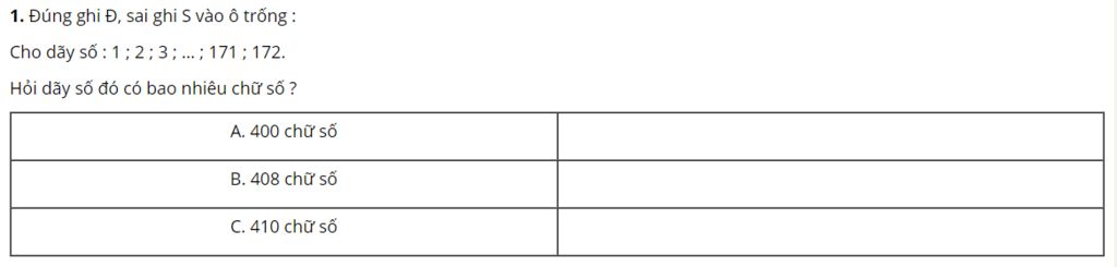 1. Đúng ghi Đ, sai ghi S vào ô trống: Cho dãy số : 1;2;3;;171;172. Hỏi dãy số đó có bao nhiêu ...