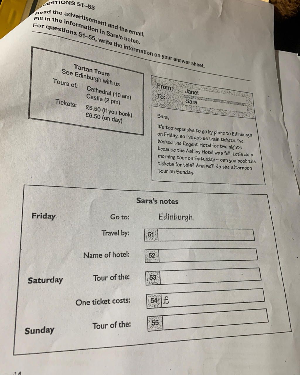 ESTIONS 51-55 Read the advertisement and the email. Fill in the ...