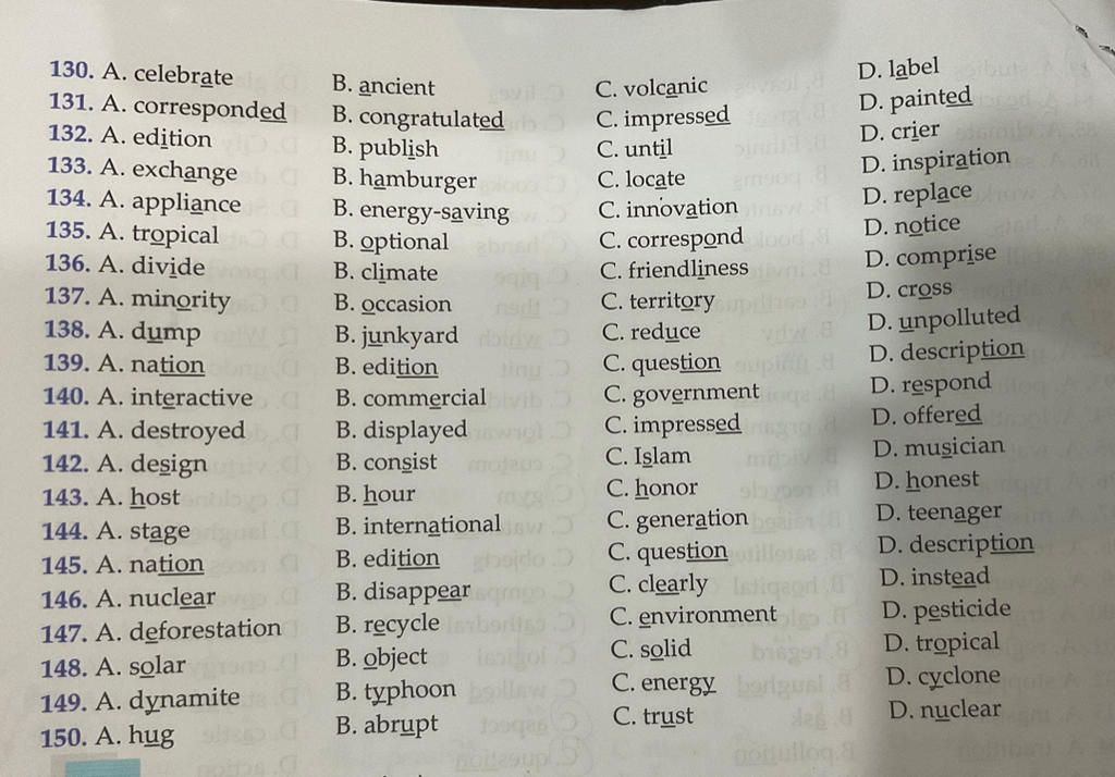 130. A. celebrate 131. A. corresponded 132. A. edition 133. A. exchange ...