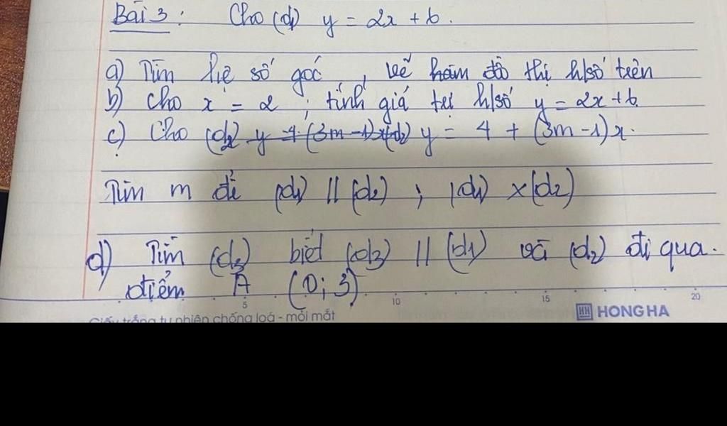 c) Cho (ch) y 4 (3m-Dxfd) Bai 3: Cho (d) y = 2r +6. a) Tim he so good b ...