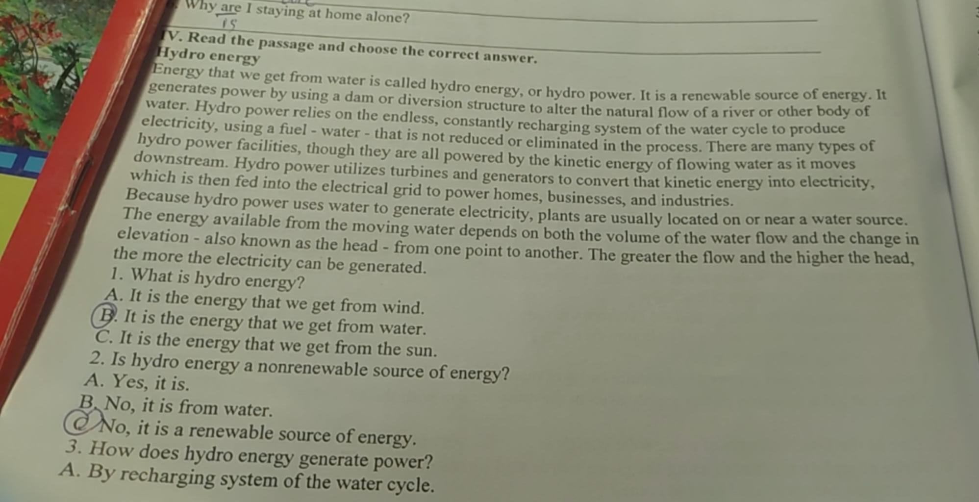 Why are I staying at home alone? IV. Read the passage and choose the ...