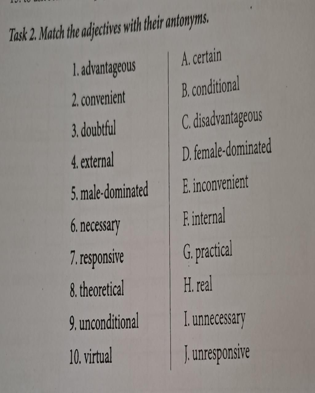 Task 2. Match the adjectives with their antonyms. 1. advantageous A ...