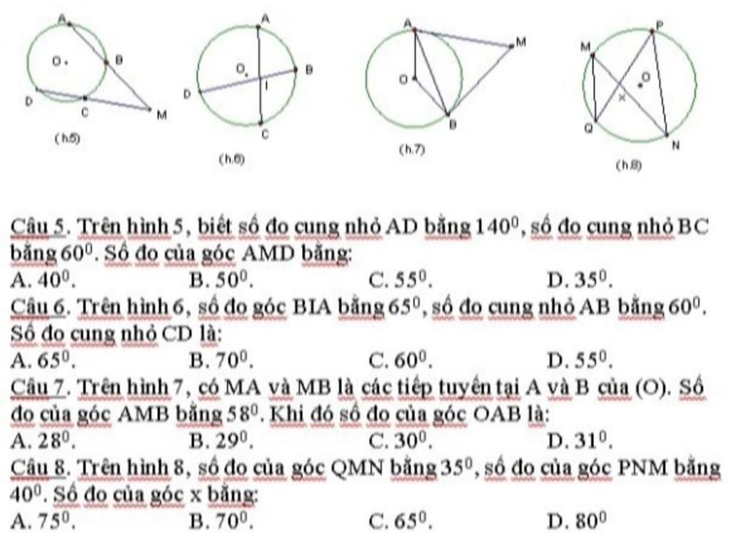 B (h5) C M D (h.6) C (h.7) M (h.8) N Câu 5. Trên hình 5, biết số đo ...