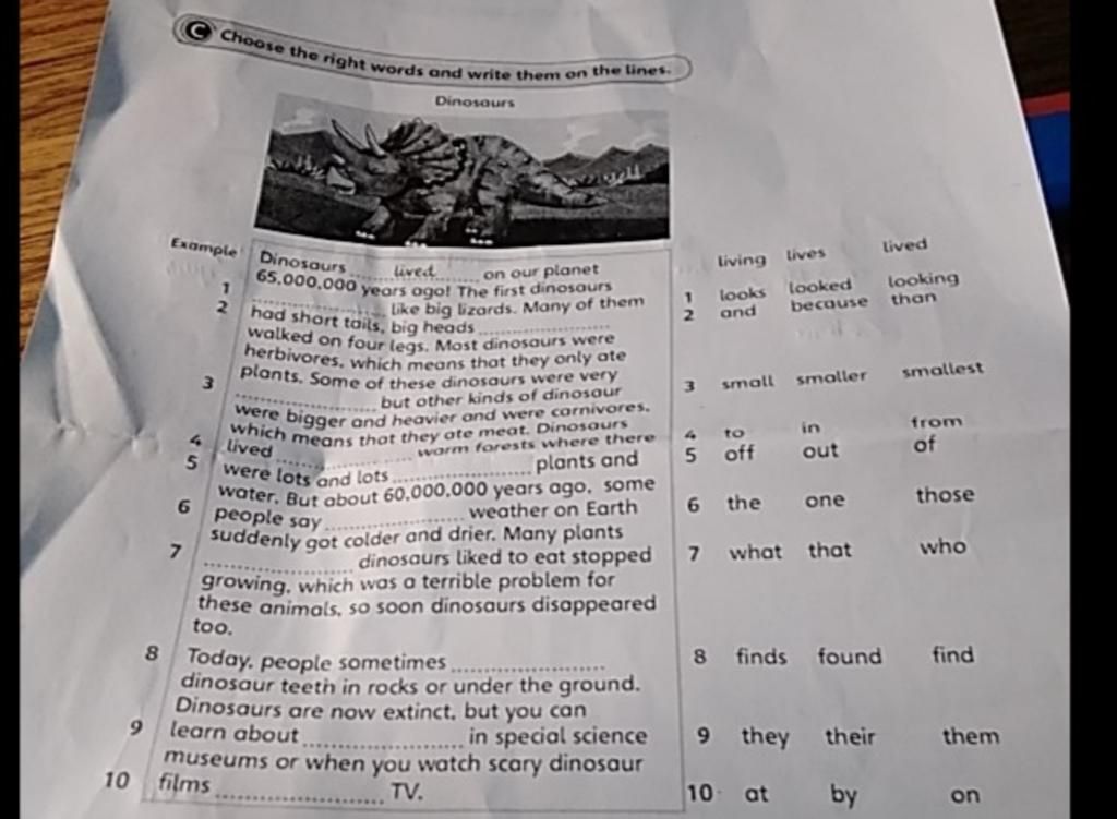 C Choose the right words and write them on the lines. Dinosaurs lived ...