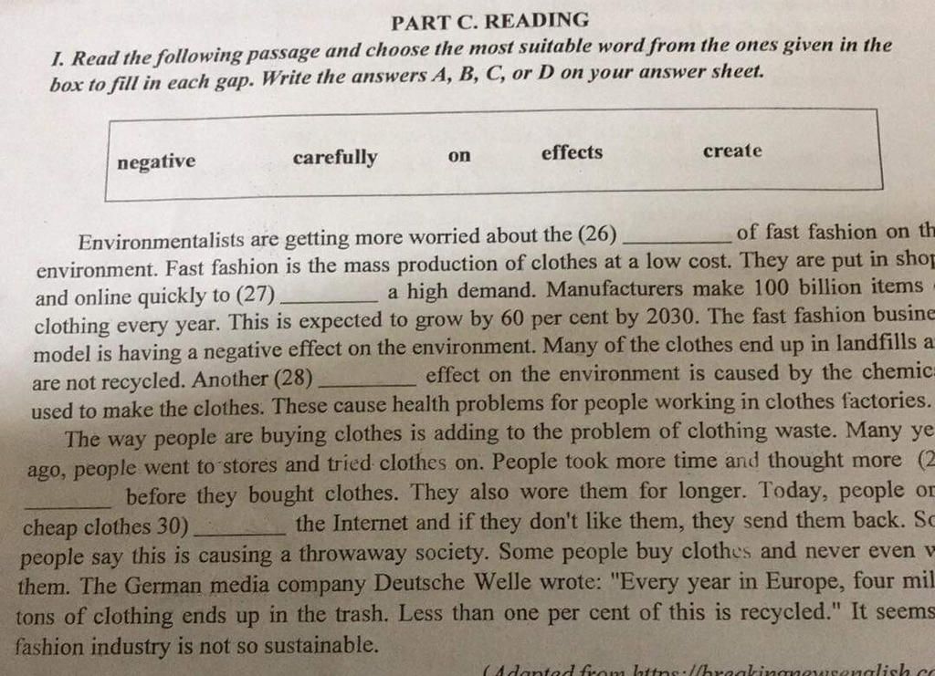 PART C. READING I. Read the following passage and choose the most suitable word from the ones ...