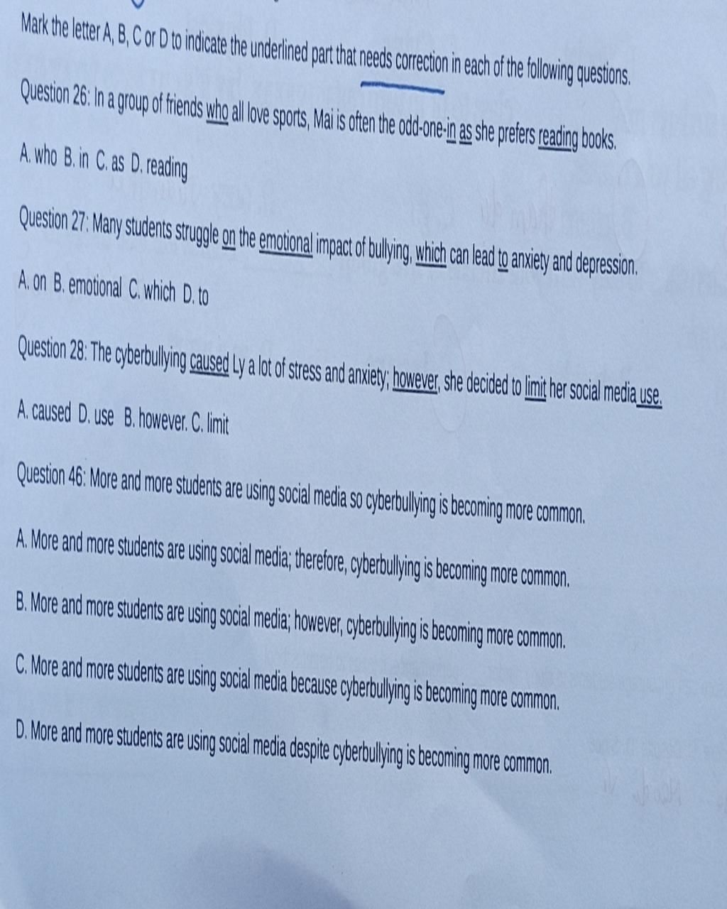 Mark the letter A, B, C or D to indicate the underlined part that needs ...