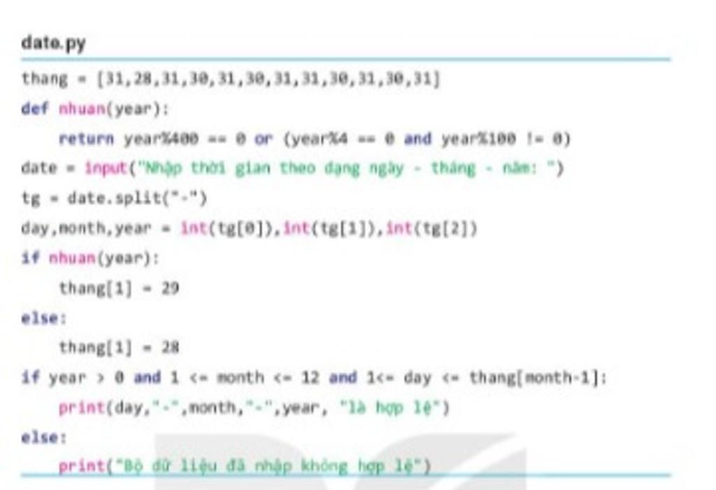 Viết thêm code Python chỉ ra lỗi sai( VD: nếu ngày,... nhập không hợp lệ thì sẽ chỉ ra lỗi ngày ...