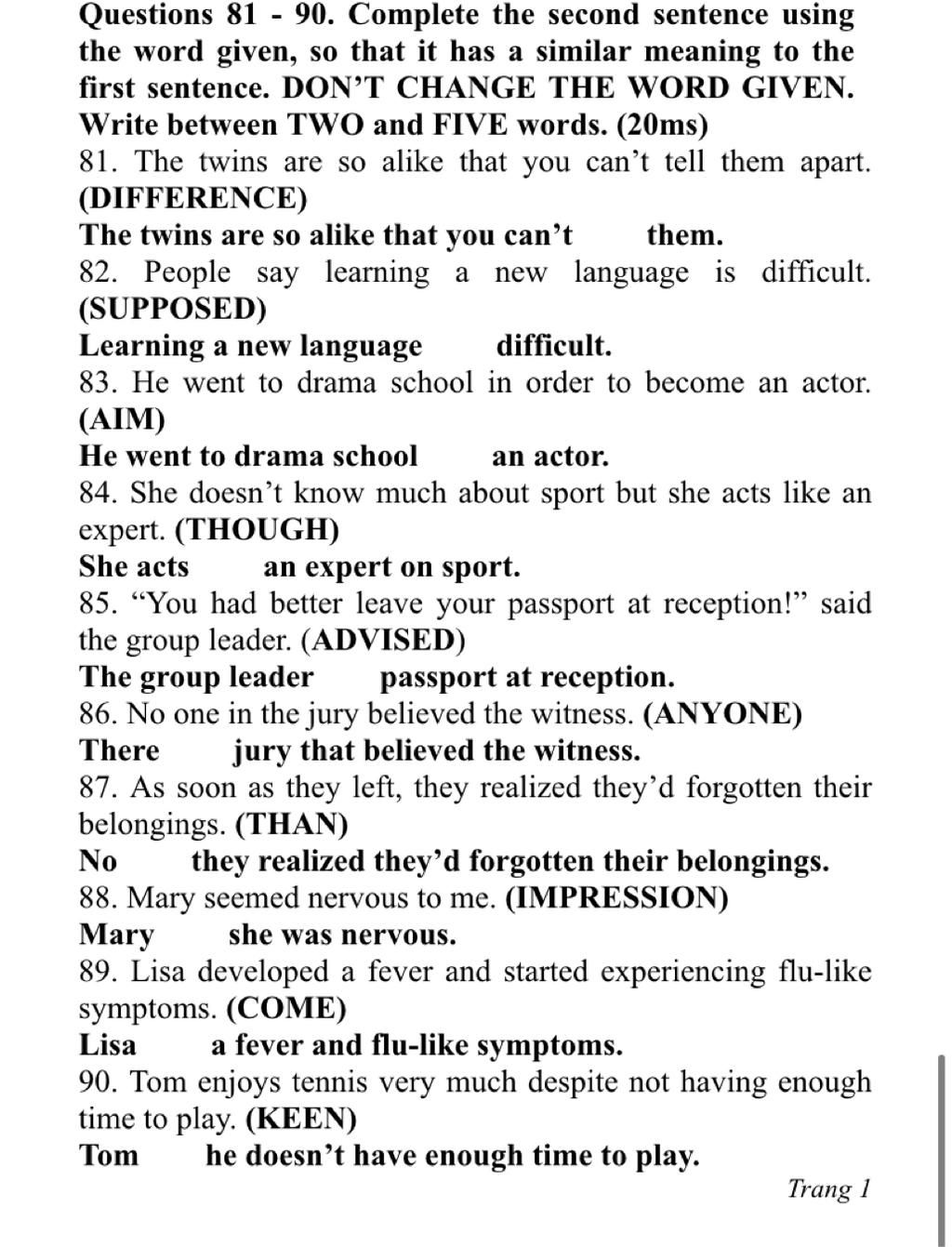 Questions 81 90 Complete The Second Sentence Using The Word Given