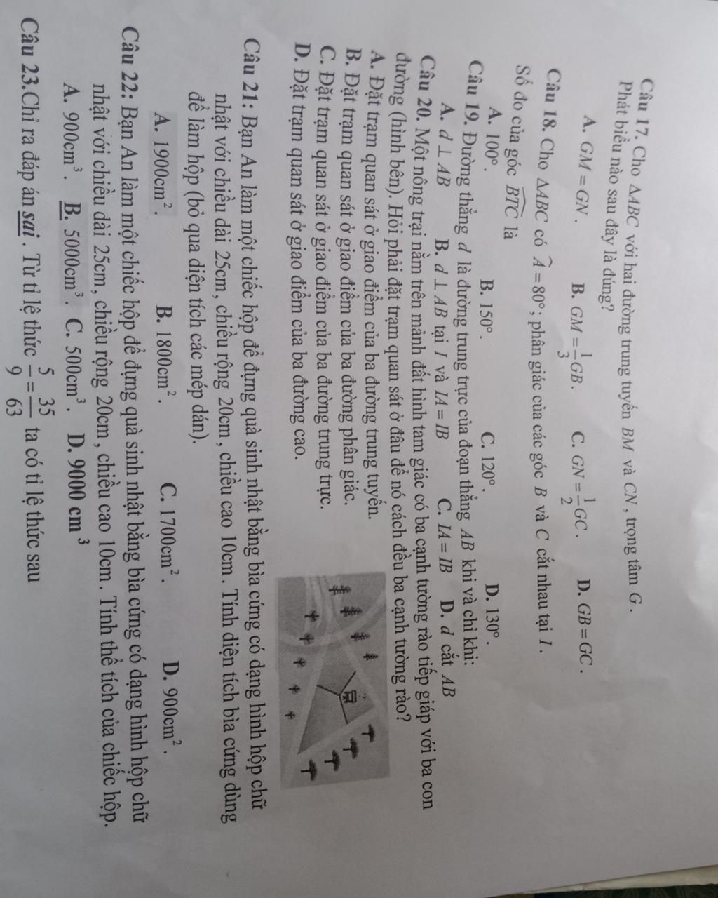 Câu 17. Cho ABC với hai đường trung tuyến BM và CN, trọng tâm G. Phát ...