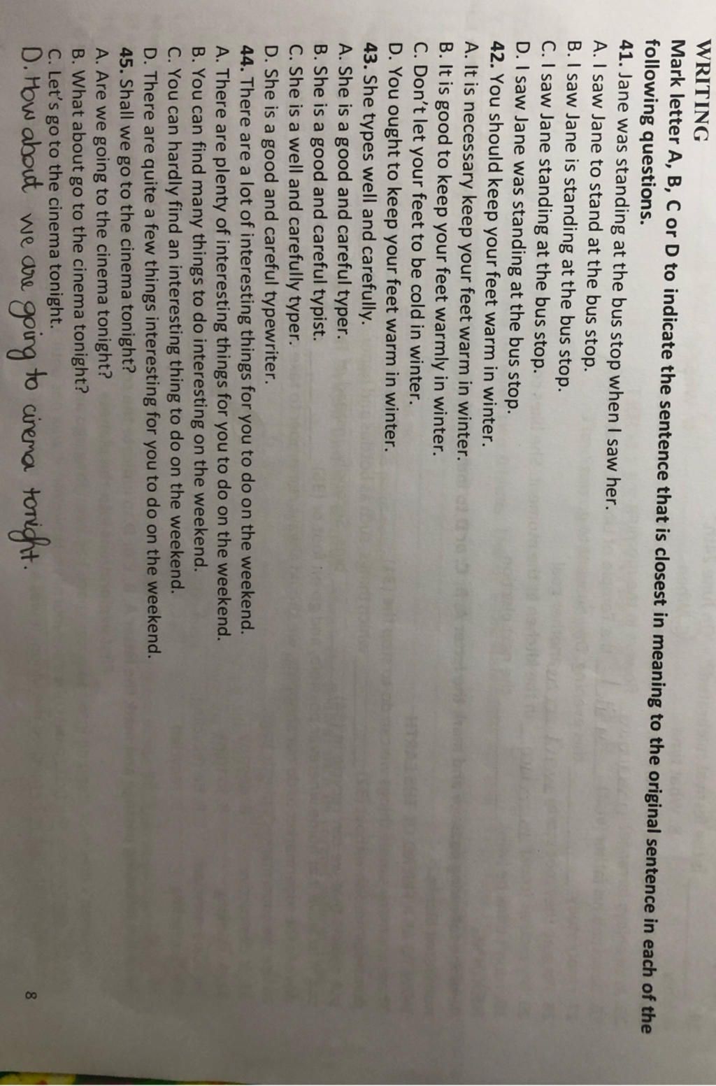 WRITING Mark letter A, B, C or D to indicate the sentence that is ...