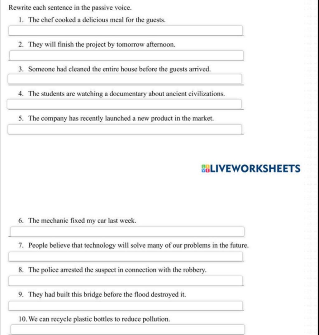 Rewrite each sentence in the passive voice. 1. The chef cooked a ...