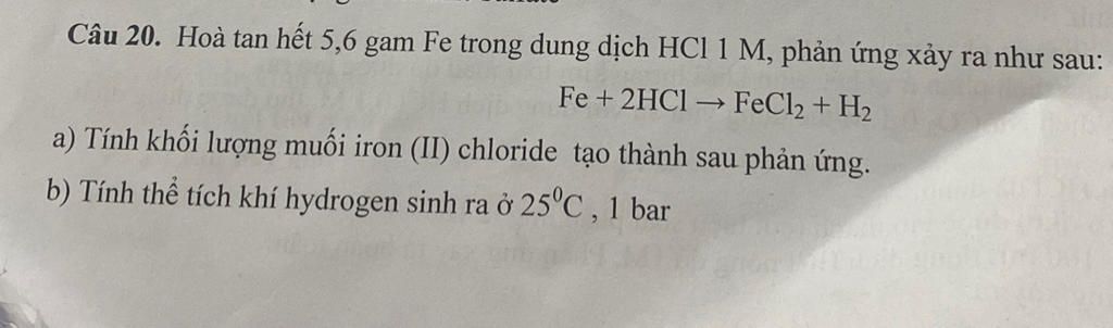 Câu 20. Hoà tan hết 5,6 gam Fe trong dung dịch HCl 1 M, phản ứng xảy ra ...