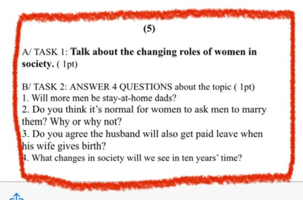 (5) A/ TASK 1: Talk about the changing roles of women in society. (1pt ...