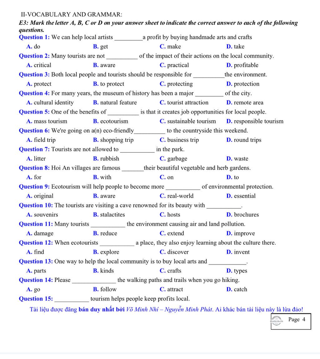 II-VOCABULARY AND GRAMMAR: E3: Mark the letter A, B, C or D on your ...