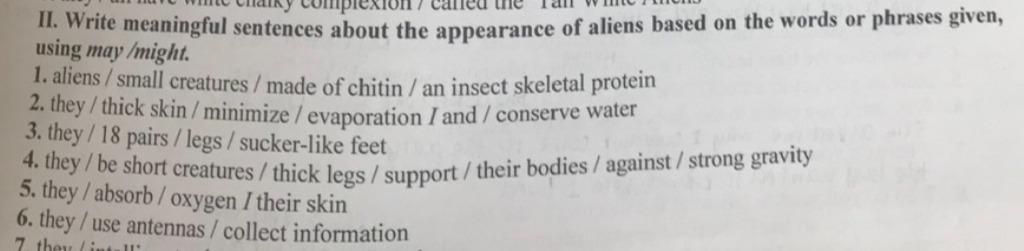 Write meaningful sentences about the appearance of aliens based on the ...