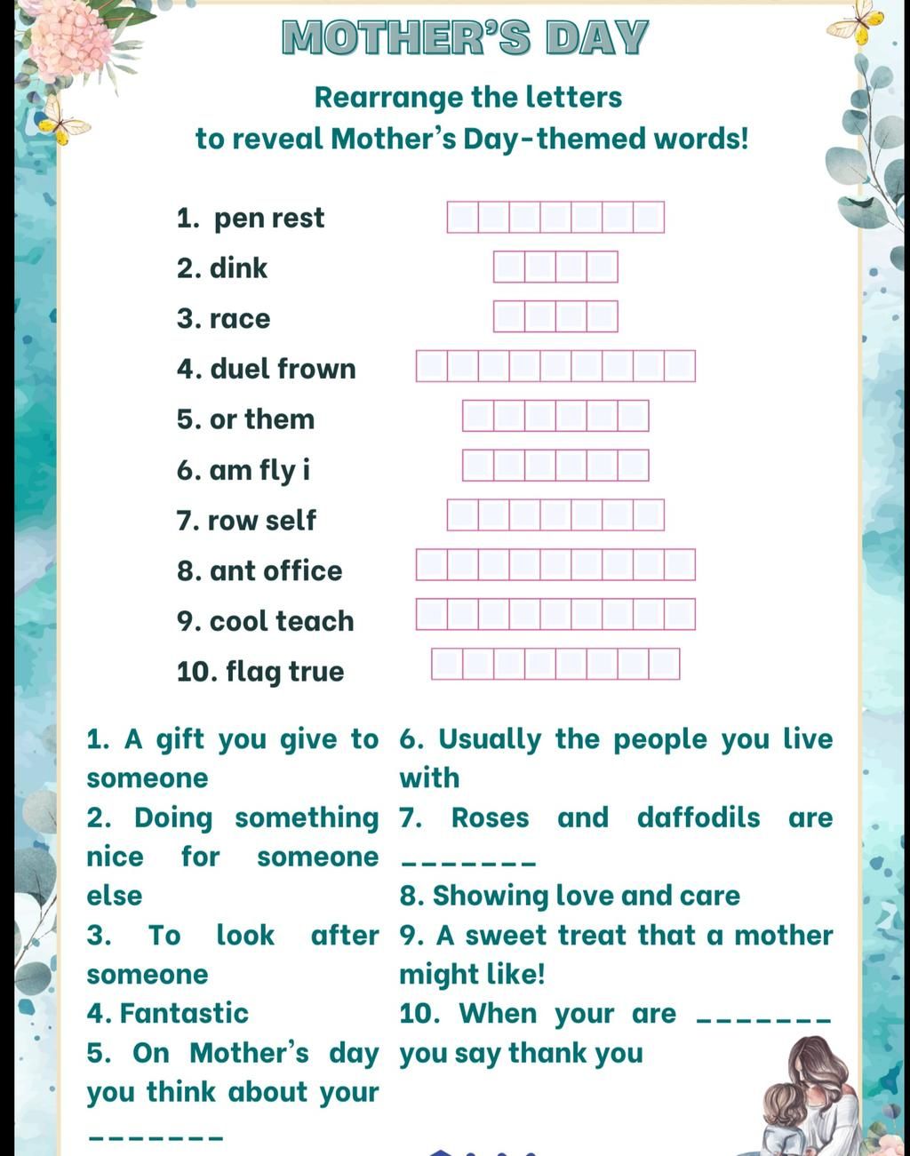 MOTHER'S DAY Rearrange the letters to reveal Mother's Day-themed words ...