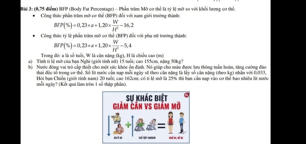 Bài 3: (0,75 điểm) BFP (Body Fat Percentage) – Phần trăm Mỡ cơ thể là ...