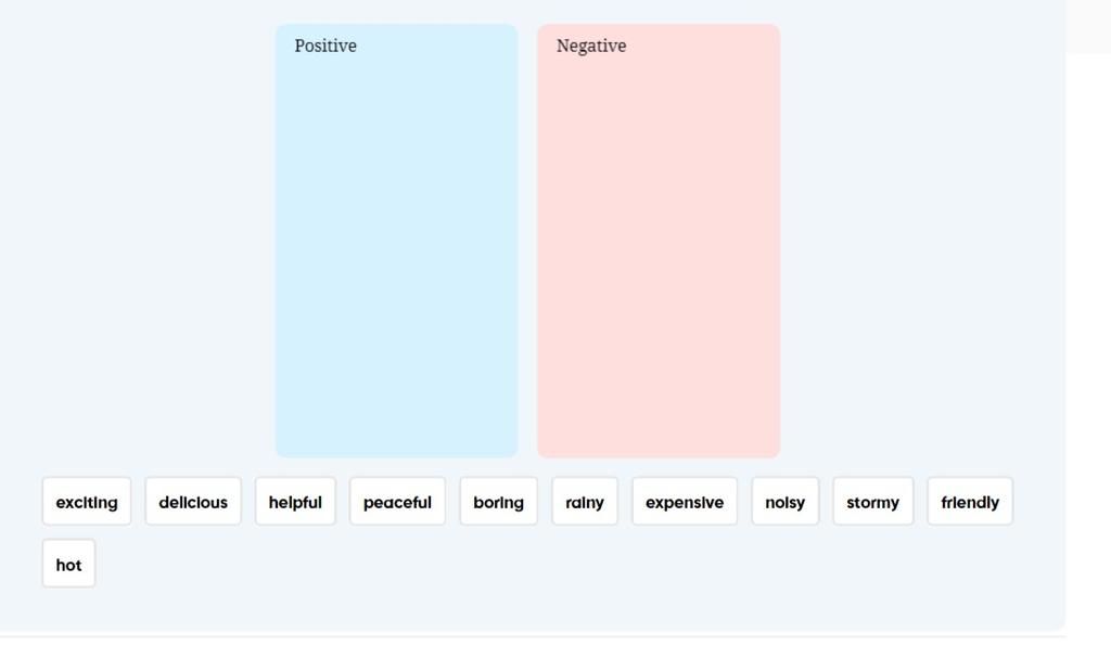 Positive Negative exciting delicious helpful peaceful boring rainy ...