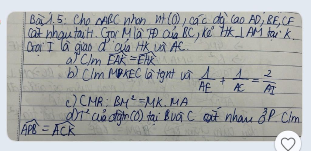 Bài 15: Cho SARC nhọn nt (O), các độ cao AD, BE, CF cắt nhau tại H. Gọi ...