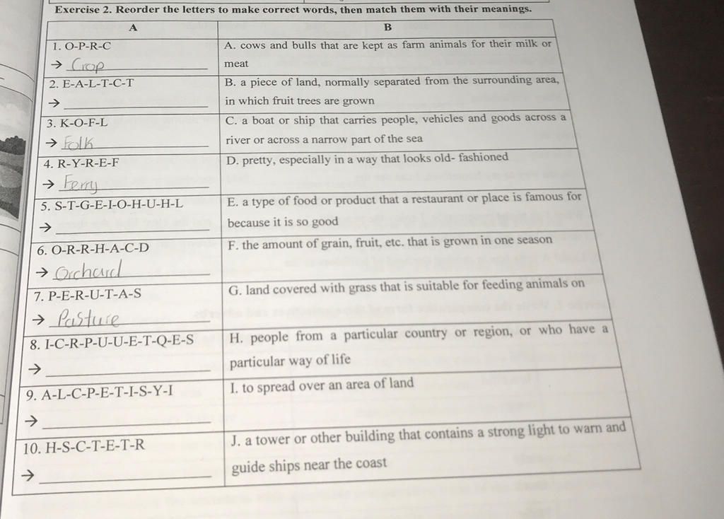 Exercise 2. Reorder the letters to make correct words, then match them ...