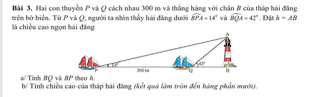 Bài 3. Hai con thuyền P và Q cách nhau 300 m và thẳng hàng với chân B của tháp hải đăng trên bờ ...
