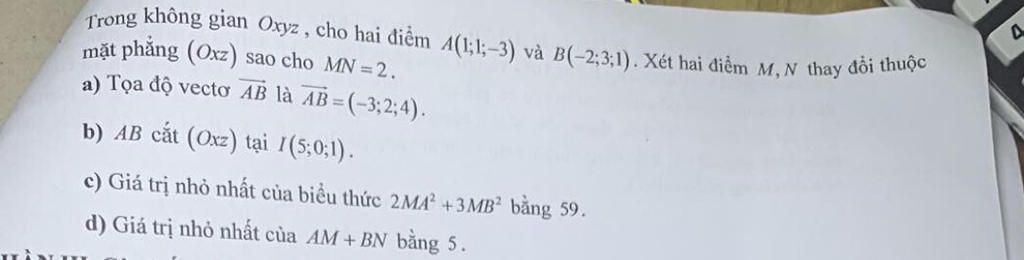 Trong không gian Oxyz, cho hai điểm A(1;1;−3) và B(-2;3;1). Xét hai điểm M,N thay đổi thuộc mặt ...
