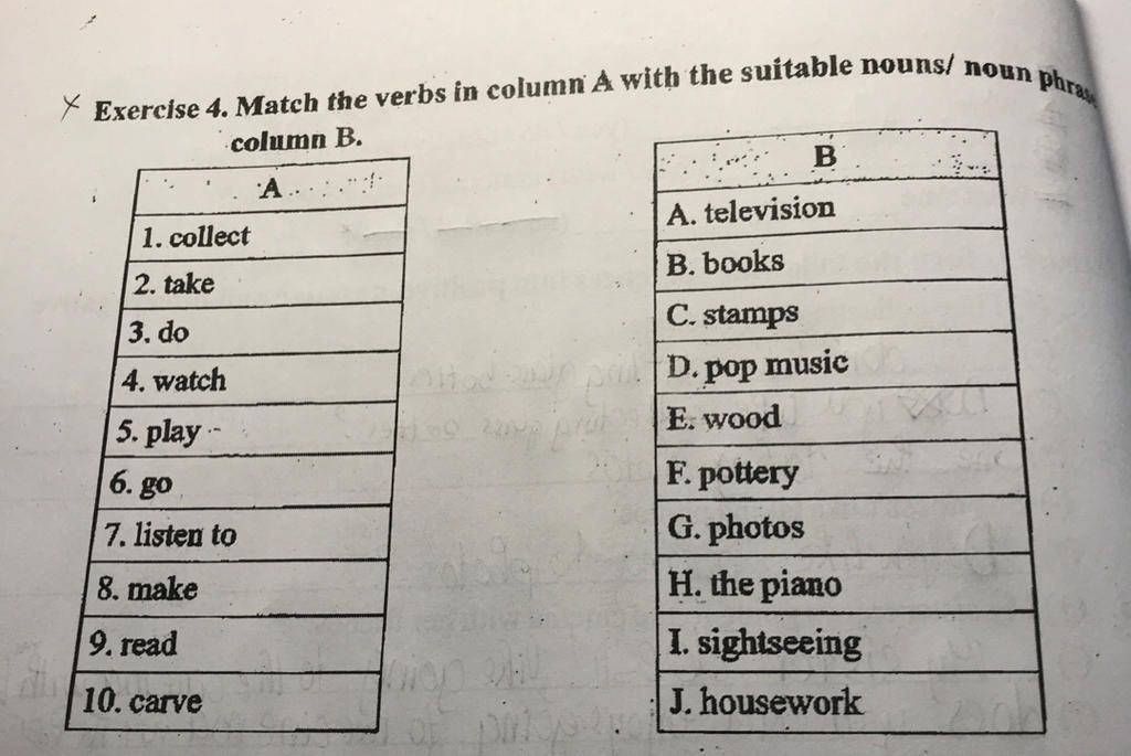 Exercise 4. Match the verbs in column A with the suitable nouns/ noun ...