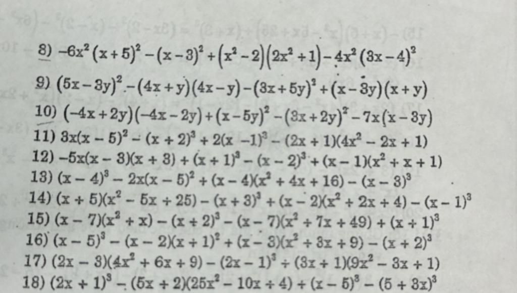(8-x2)-(+ 01-8) -6x² (x+5)² -(x-3)²+(x²-2) (2x²+1)-4x² (3x-4)² 9) (5x-3y)² - (4x+y) (4x-y)-(3x ...
