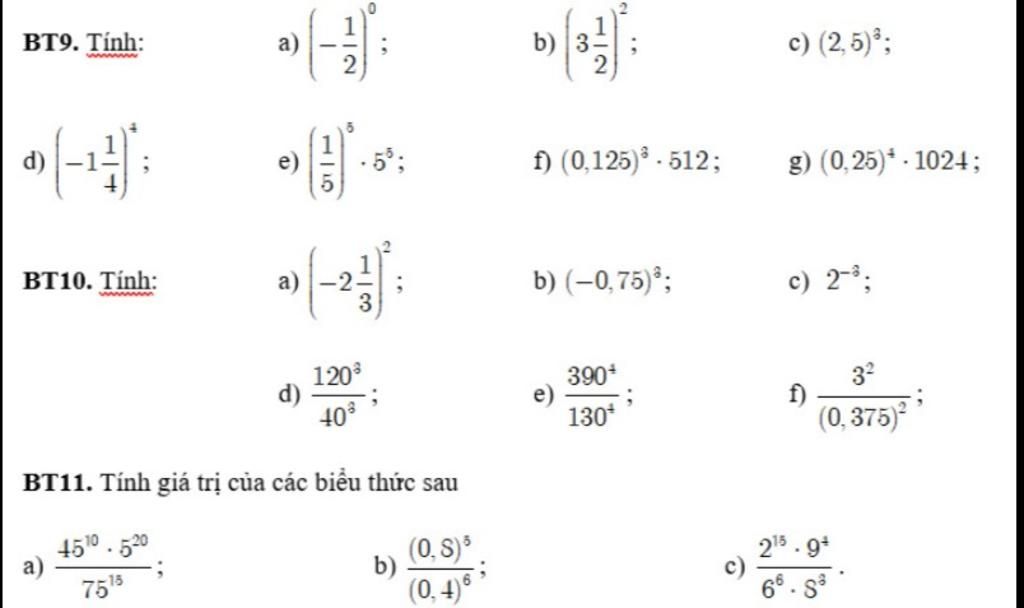 BT9. Tính: wwwwwww (-1); a) BT10. Tính: a) wwwwwww 116 c) (2,5)³; f) (0,125) - 512; g) (0.25 ...