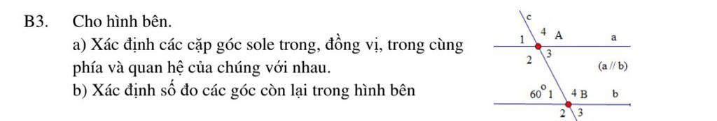 B3. Cho hình bên. a) Xác định các cặp góc sole trong, đồng vị, trong ...