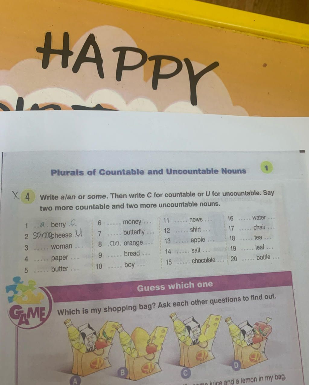 HAPPY Plurals of Countable and Uncountable Nouns 1 X 4 Write a/an or some. Then write C for ...