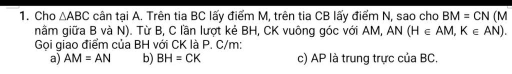 1. Cho LABC cân tại A. Trên tia BC lấy điểm M, trên tia CB lấy điểm N ...