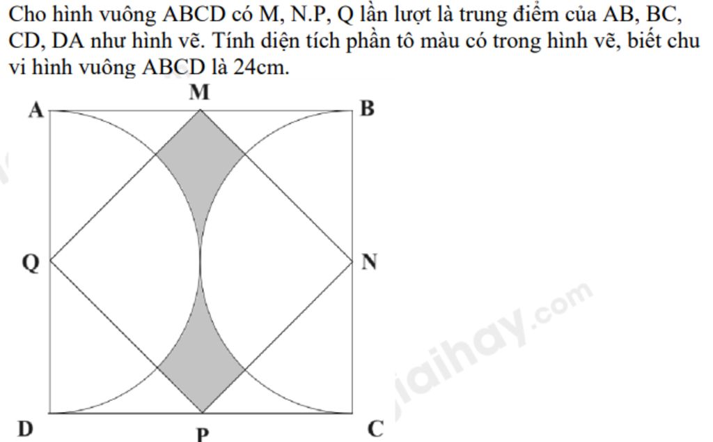 Cho hình vuông ABCD có M, N.P, Q lần lượt là trung điểm của AB, BC, CD, DA như hình vẽ. Tính ...