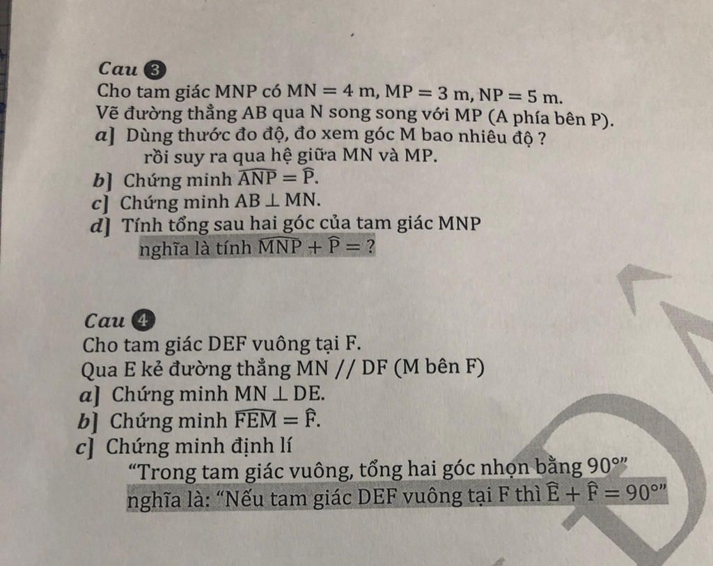 Cau (3 Cho tam giác MNP có MN = 4 m, MP = 3 m, NP = 5 m. Vẽ đường thẳng AB qua N song song với ...