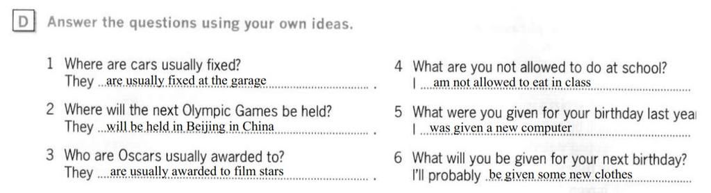 D Answer the questions using your own ideas. 1 Where are cars usually fixed? They are usually ...