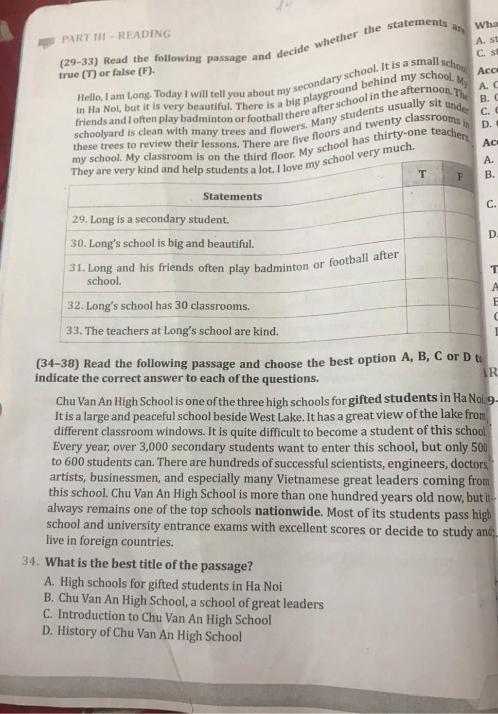 PART III-READING (29-33) Read the following passage and decide whether ...