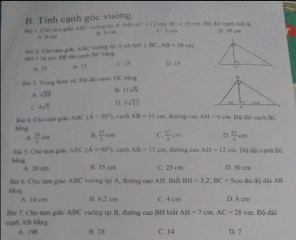 B. Tính cạnh góc vuông. KHI - CAXI KHÁC ABC vuông tại A, biết AC - [2 ...