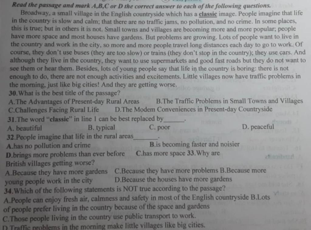 Read the passage and mark A,B,C or D the correct answer to each of the ...