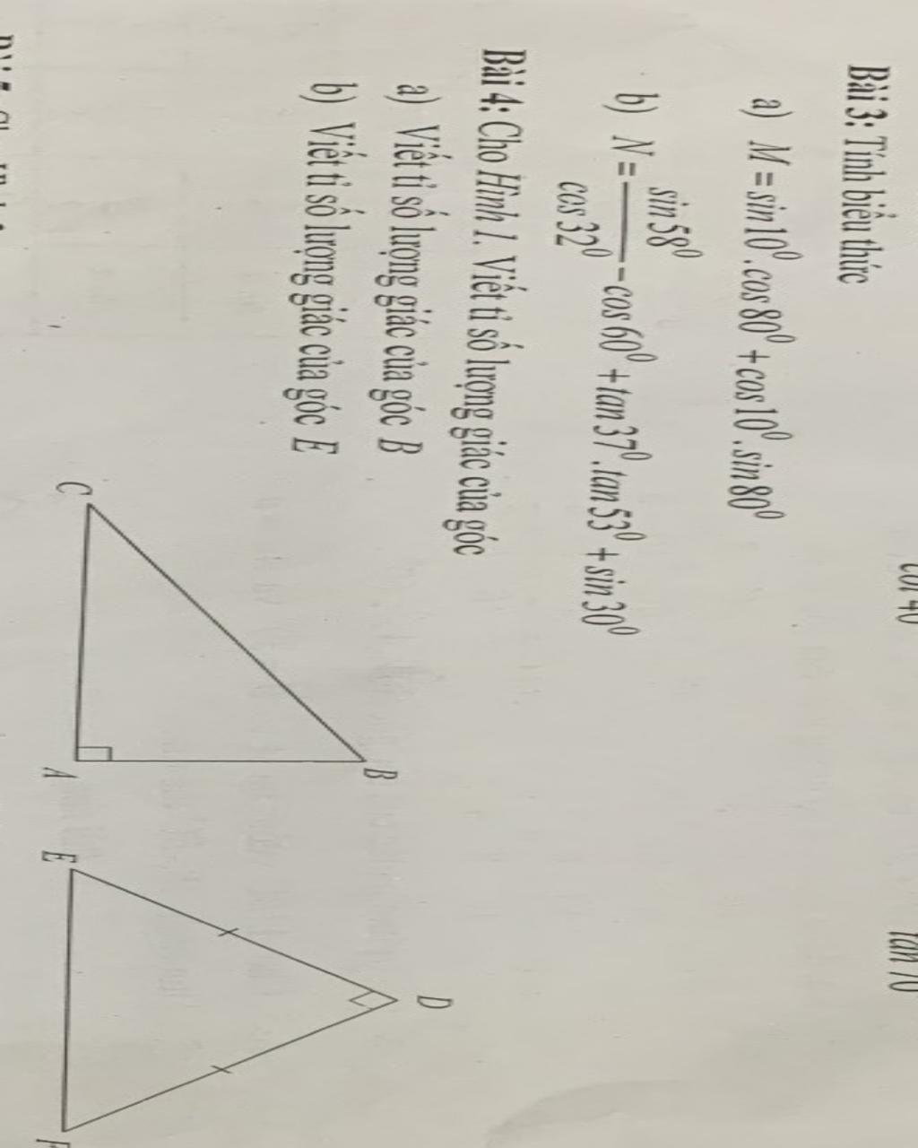 140 Bài 3: Tính biểu thức a) M=sin 10°.cos 80° + cos 10°. sin 80° b) N=cos 60° +tan 37°. tan 53 ...