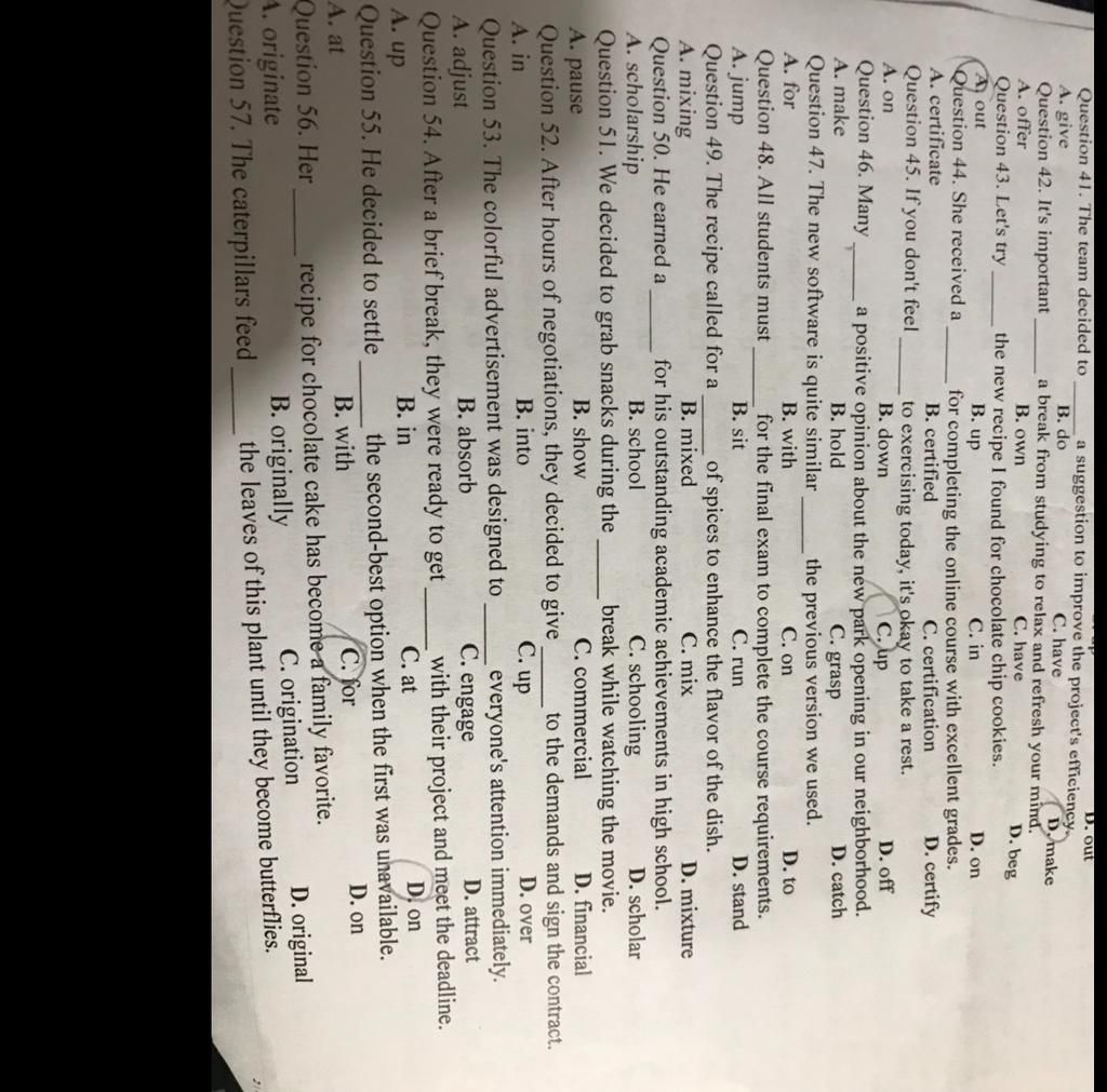 D. out Question 41. The team decided to A. give Question 46. Many B ...