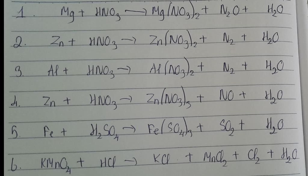 1. Mg + HNO3 Mg (NO3)2 + N₂O+ H₂20 2. Zn + HNO3 -> Zn (No₂\, + N₂ + H₂O ...