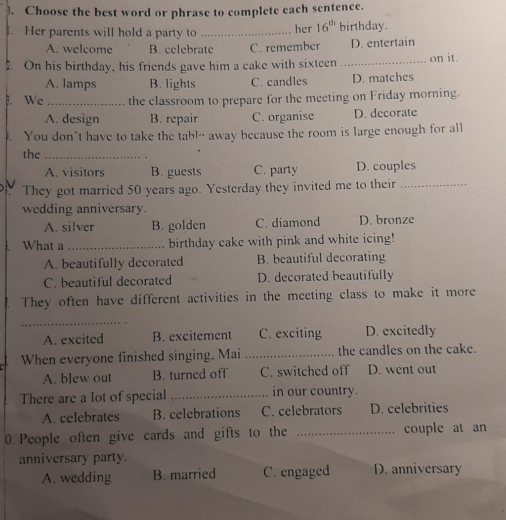 1. Choose the best word or phrase to complete each sentence. 1. Her ...