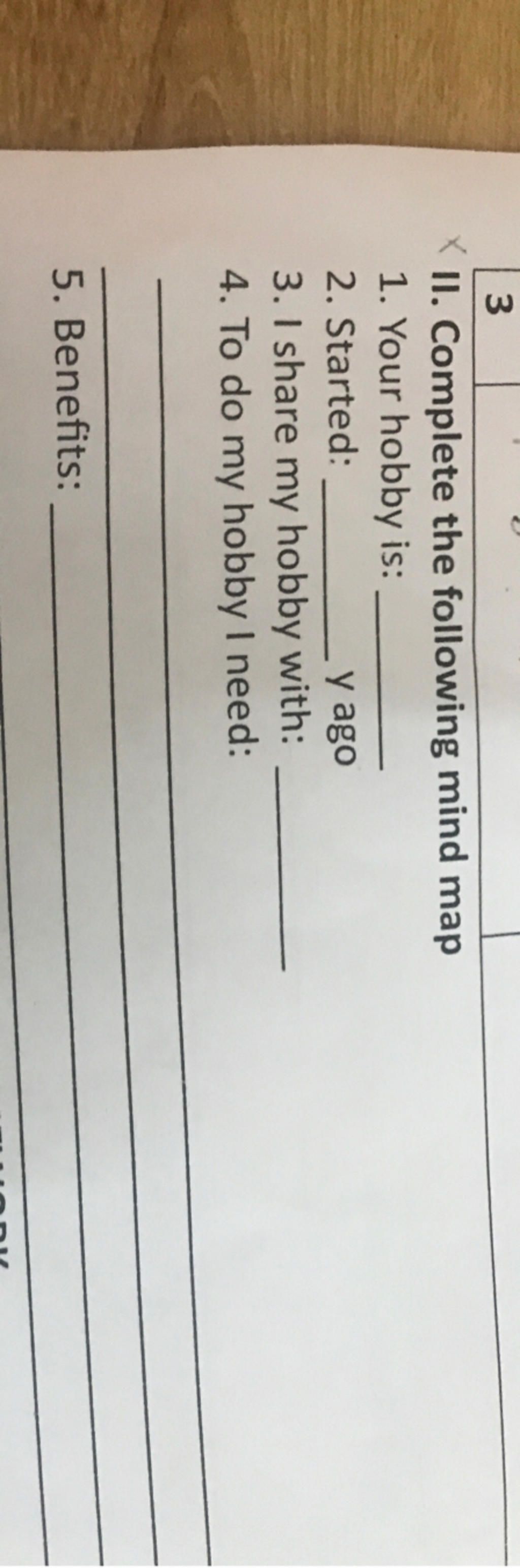 3 II. Complete the following mind map 1. Your hobby is: 2. Started: y ...