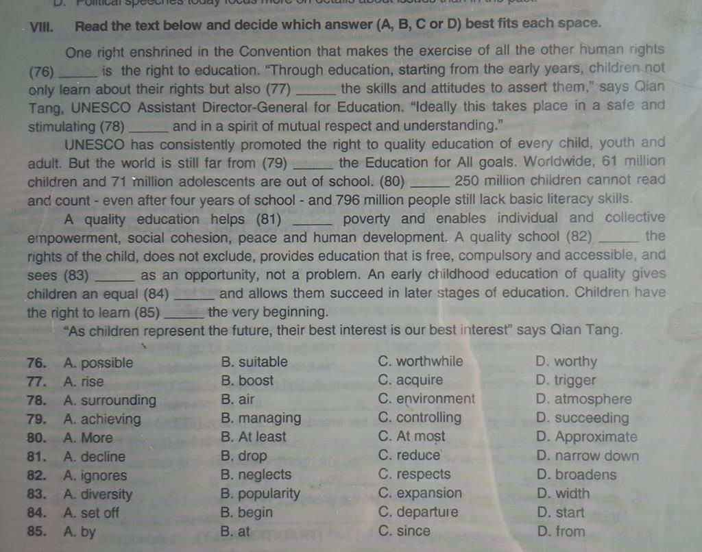 VIII. (76) Read the text below and decide which answer (A, B, C or D) best fits each space. One ...