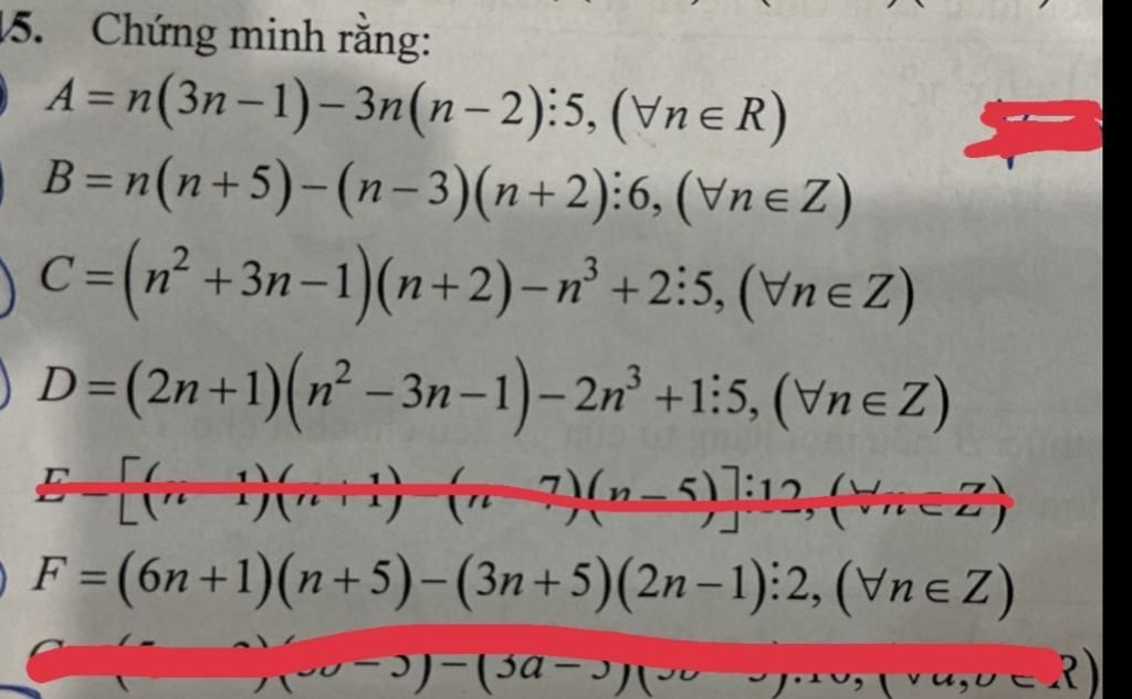 15. Chứng minh rằng: A=n(3n-1)-3n(n-2):5, (VnER) B=n(n+5)-(n-3)(n+2):6 ...
