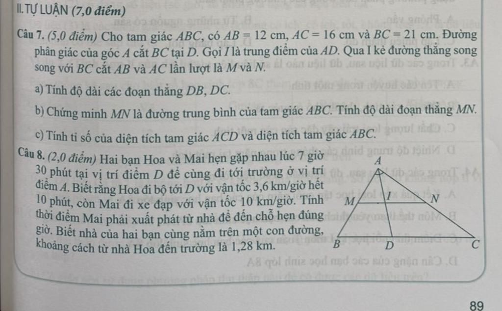 II. TỰ LUẬN (7,0 điểm) Câu 7. (5,0 điểm) Cho tam giác ABC, có AB = 12 cm, AC = 16 cm và BC = 21 ...