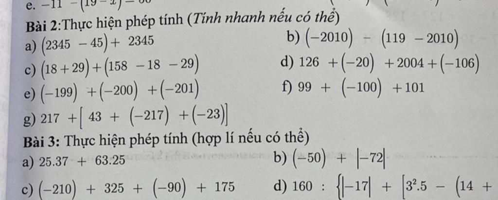 e. Bài 2:Thực hiện phép tính (Tính nhanh nếu có thể) a) (2345 - 45 ...