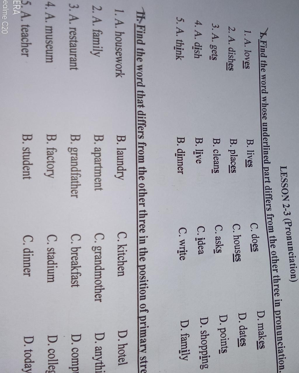 1. A. loves B. lives LESSON 2-3 (Pronunciation) X.Find the word whose underlined part differs ...